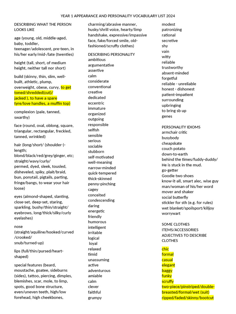 Year 1 Appearance and Personality Vocabulary List 2024 | PDF | Human ...