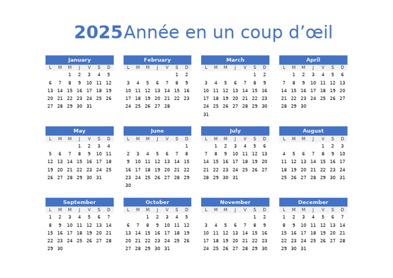 Calendrier d’une année en un coup d’œil paysage | PDF