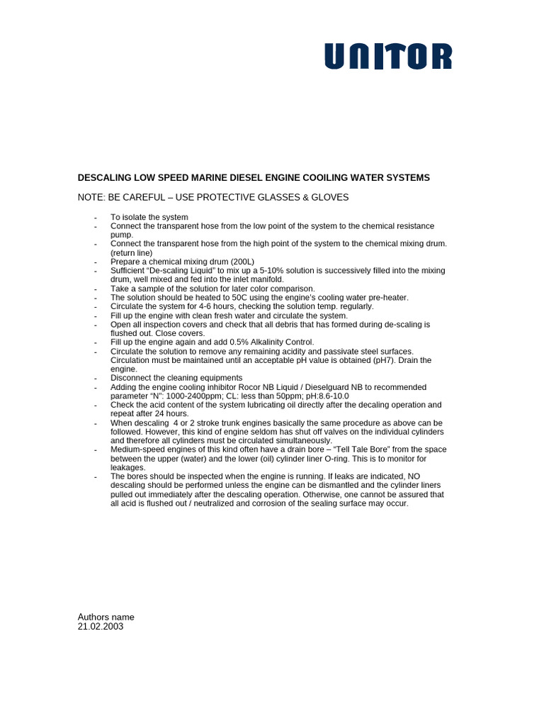 Acid Cleaning For Low Speed Diesel Engine - Descaling Liq | PDF ...