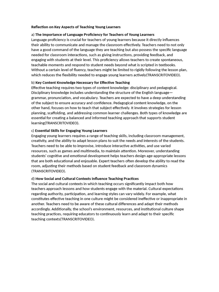 Reflection On Key Aspects of Teaching Young Learners | PDF | Learning ...
