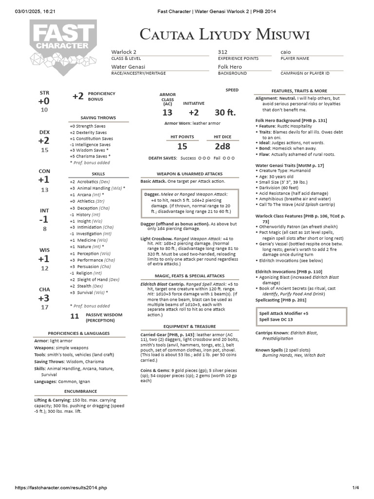 Fast Character - Water Genasi Warlock 2 - PHB 2014 | PDF | Dungeons ...