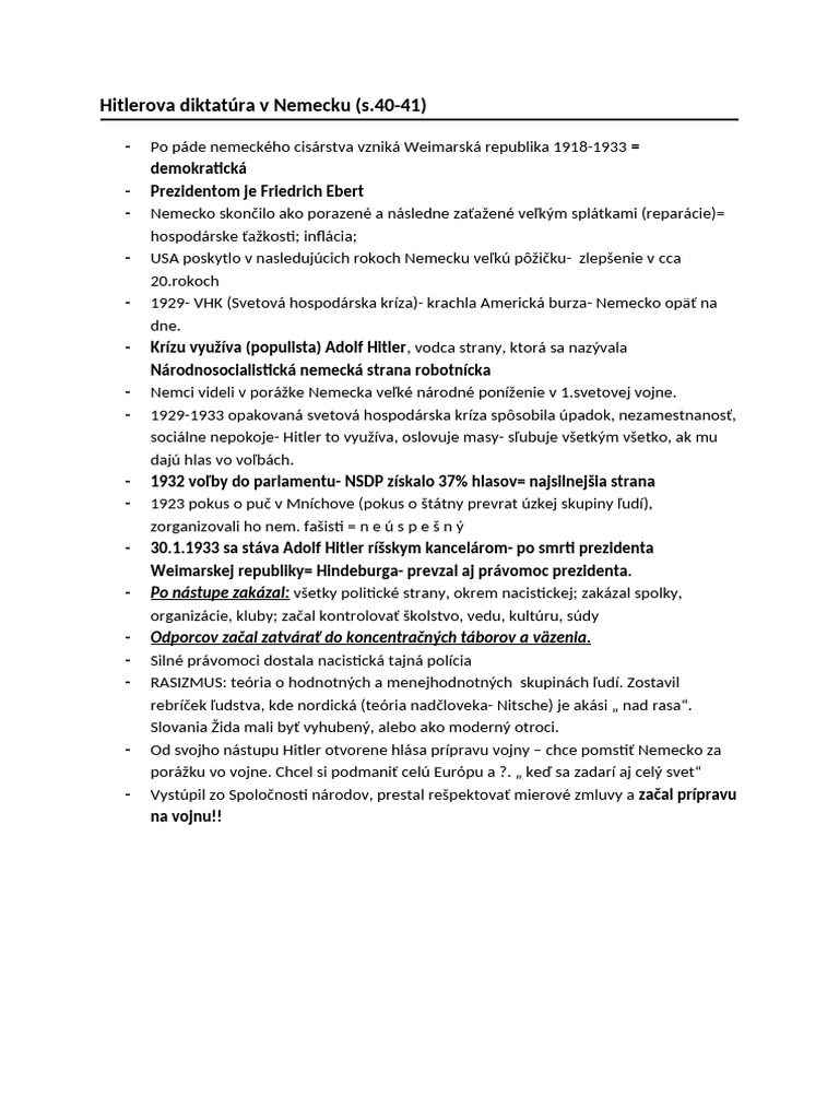 Hitlerova Diktatúra V Nemecku - Poznámky s.40-41 | PDF