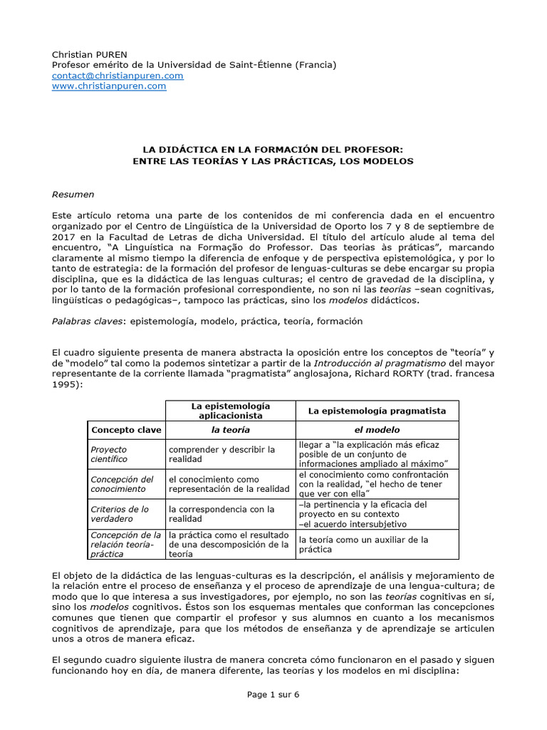PUREN 2019i-Es Formacion Entre Teorias Practicas Modelos | PDF | Enseñando | Maestros