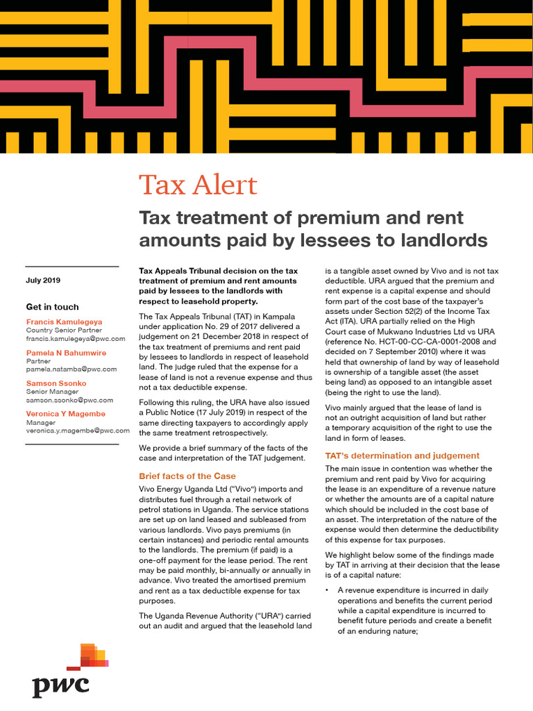 Tax Treatment of Leasehold Premiums | PDF | Expense | Lease