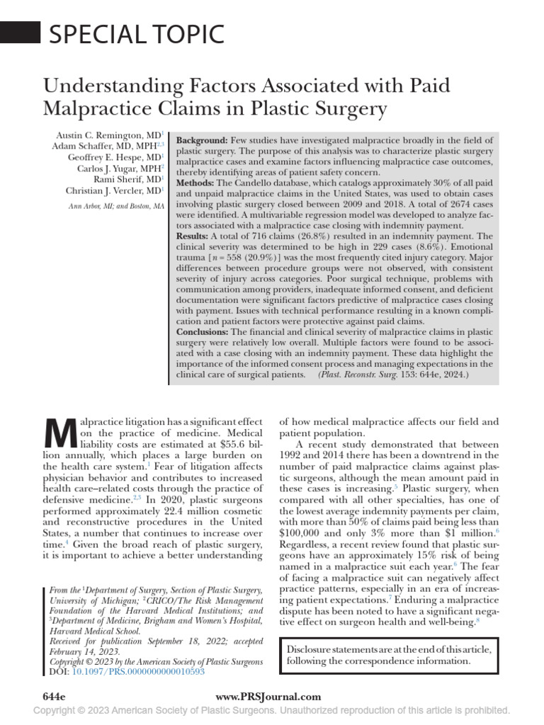 Understanding Factors Associated with Paid Malpractice Claims | PDF ...