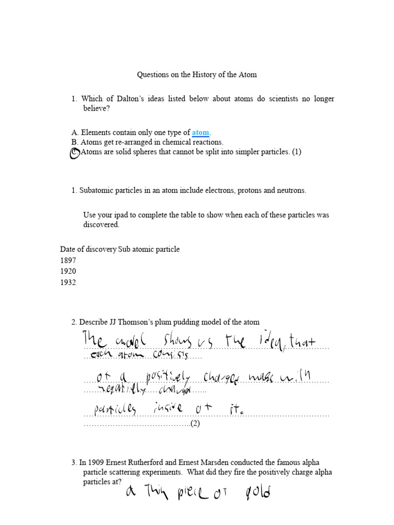 Questions On The History of The Atom Chemistry ...