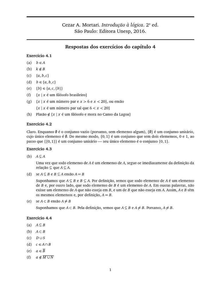 EXERCÍCIOS - Cezar A. Mortari. Introdução À Lógica. 2a | PDF