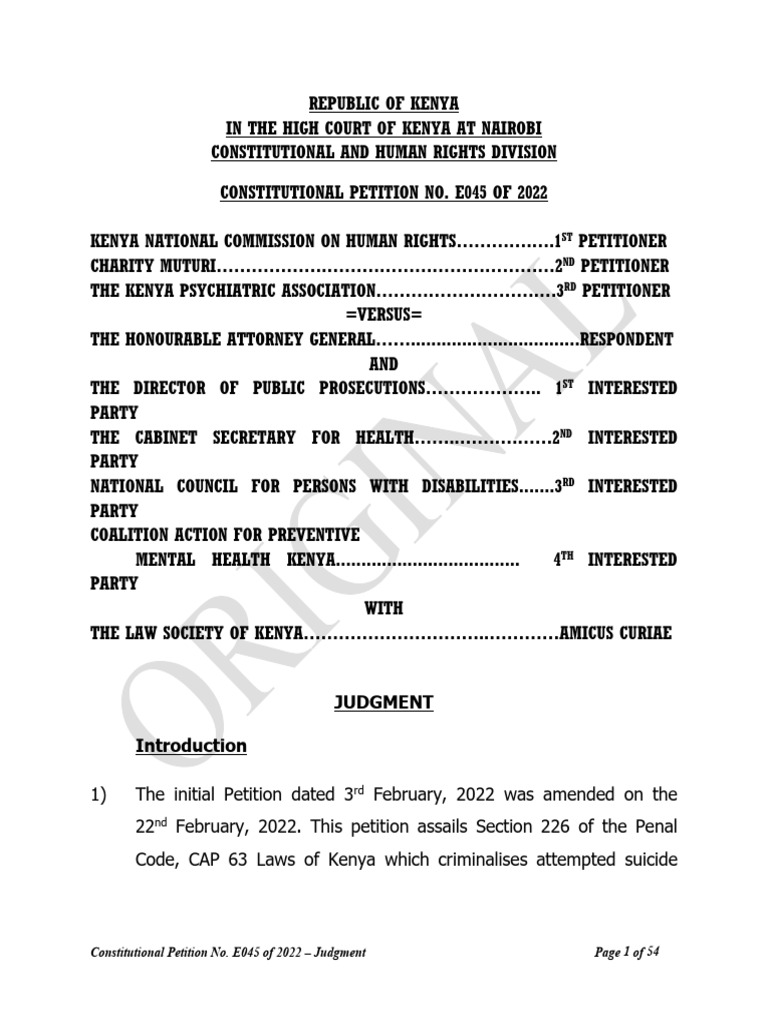 Constitutional Petition No. E045 of 2022-1 | PDF | Mental Disorder | Suicide