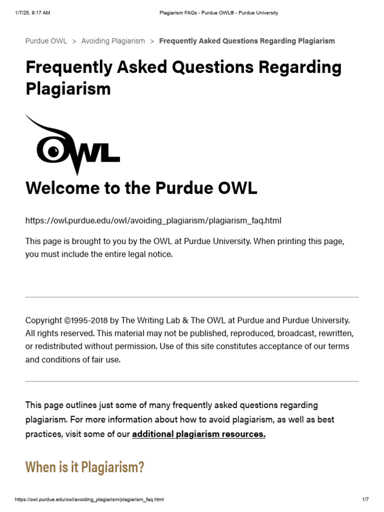Plagiarism FAQs - Purdue OWL® - Purdue University | PDF | Plagiarism ...