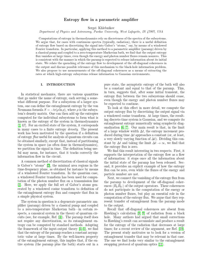 Entropy Flow in A Parametric Amplifier | PDF | Entropy | Quantum ...