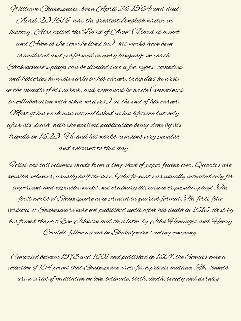 Gwilliam Shakespeare, Born April 26 1564 and Died April 23 1616, Was ...