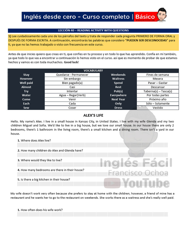 Lección 40 - Reading Activity With Questions-1 | PDF | Interior Design ...