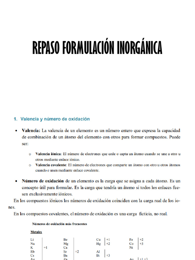 REPASO FORMULACIÓN INORGÁNICA | PDF