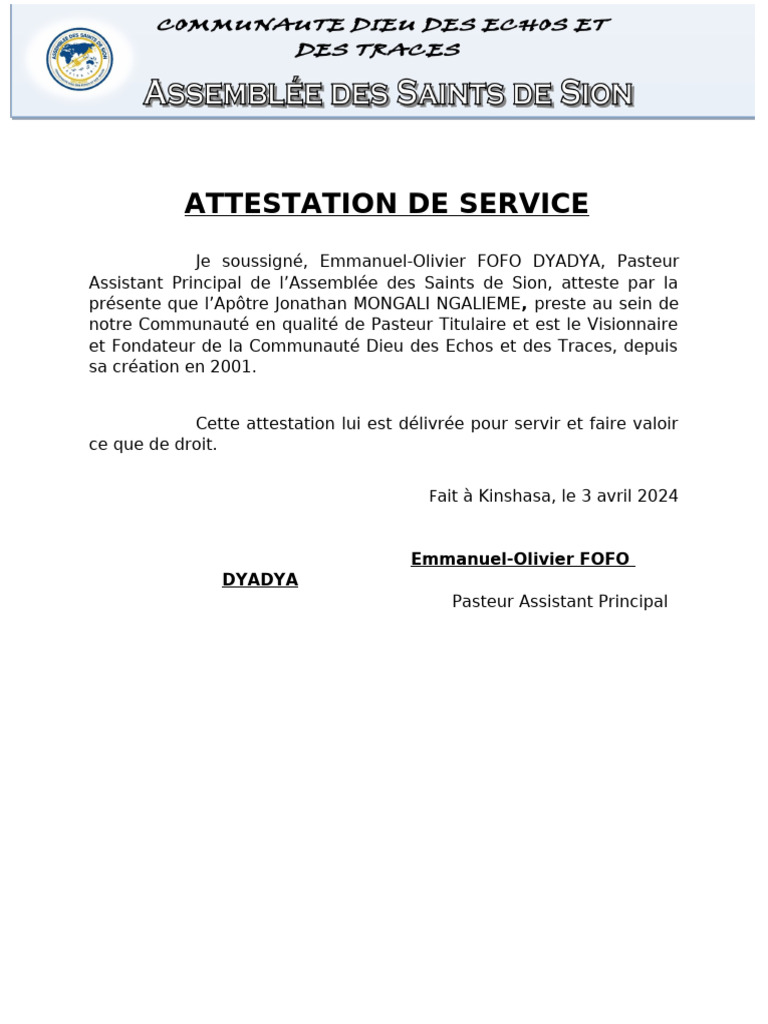 Attestation de Service de Jonathan Mongali | PDF