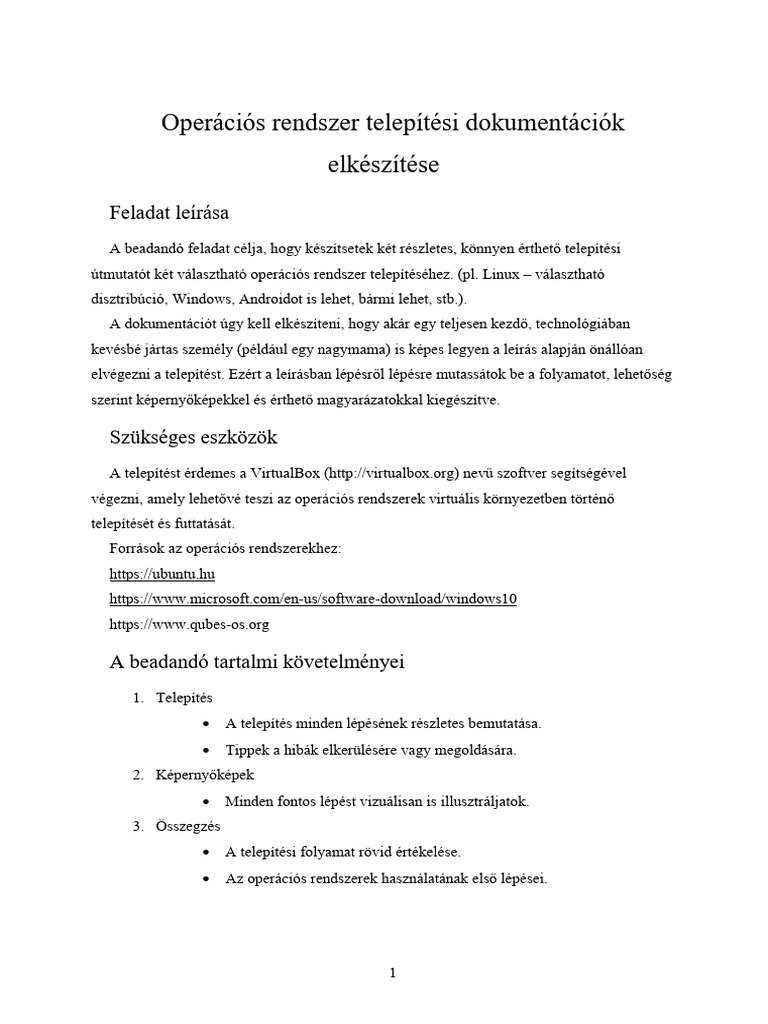 Beadandó - Operációs Rendszer Telepítési Dokumentációk Elkészítése | PDF
