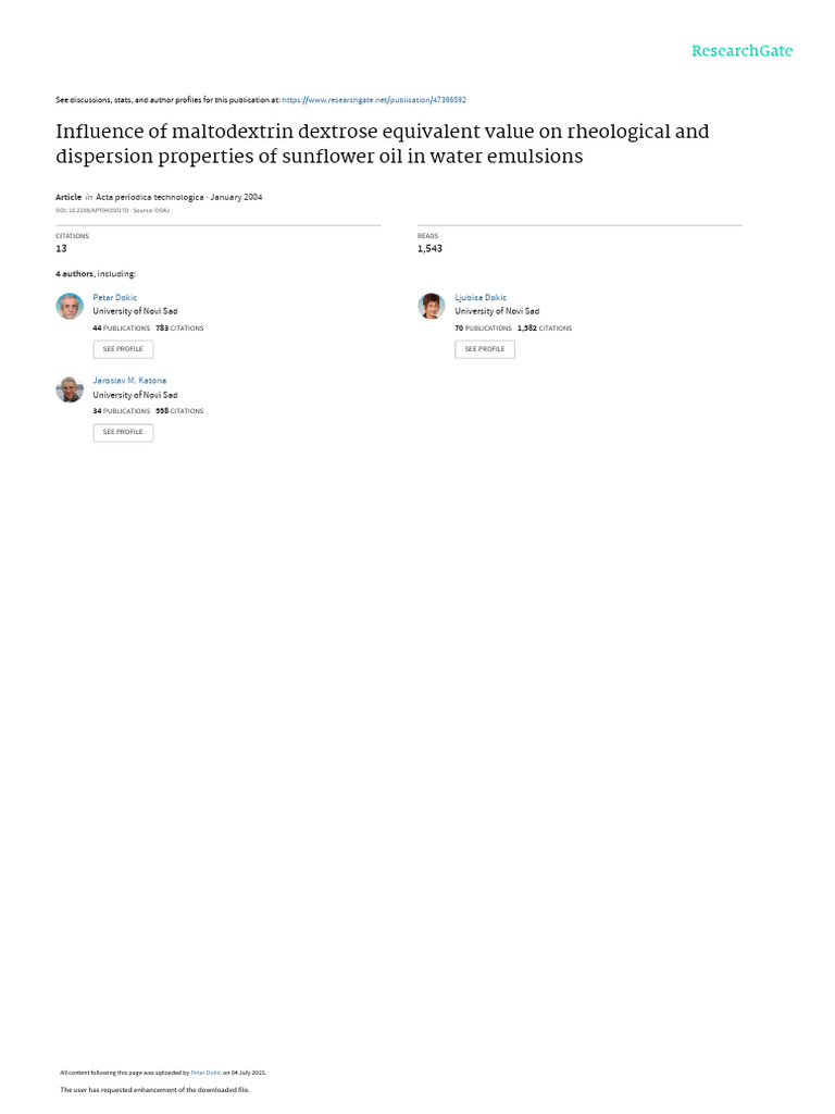 In Uence of Maltodextrin Dextrose Equivalent Value On Rheological and Dispersion Properties of ...