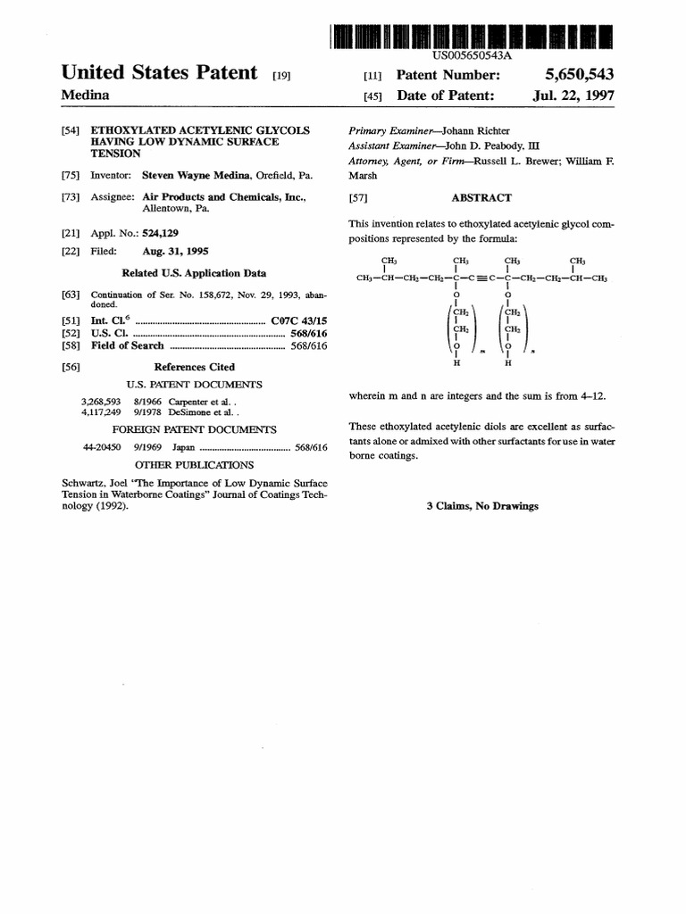 Surfynol Surfactant US5650543 | PDF | Surfactant | Wetting