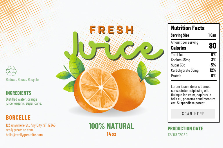 Orange and Green Illustration Fresh Juice Label | PDF