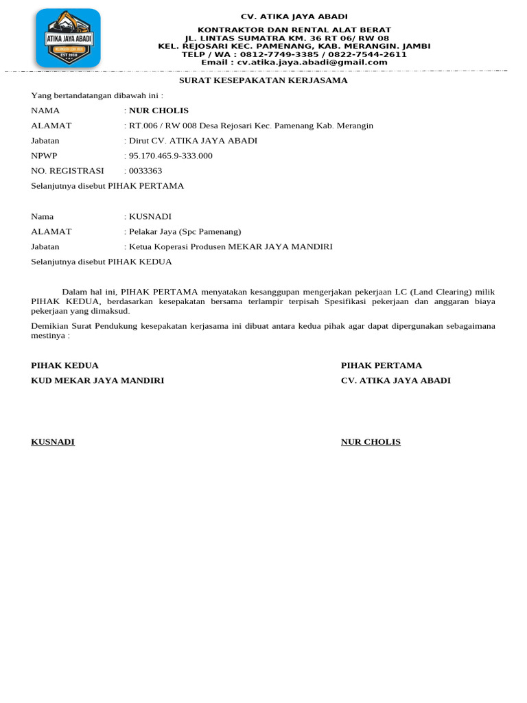 Surat Penawaran Kerjasama Kud Sawit Mekar Jaya - Pelakar Jaya | PDF