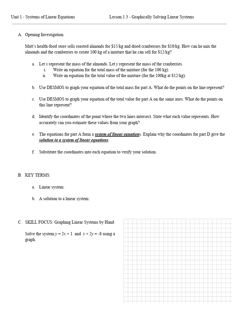Lesson 1.3 - Graphically Solving Linear Systems | PDF | System Of ...