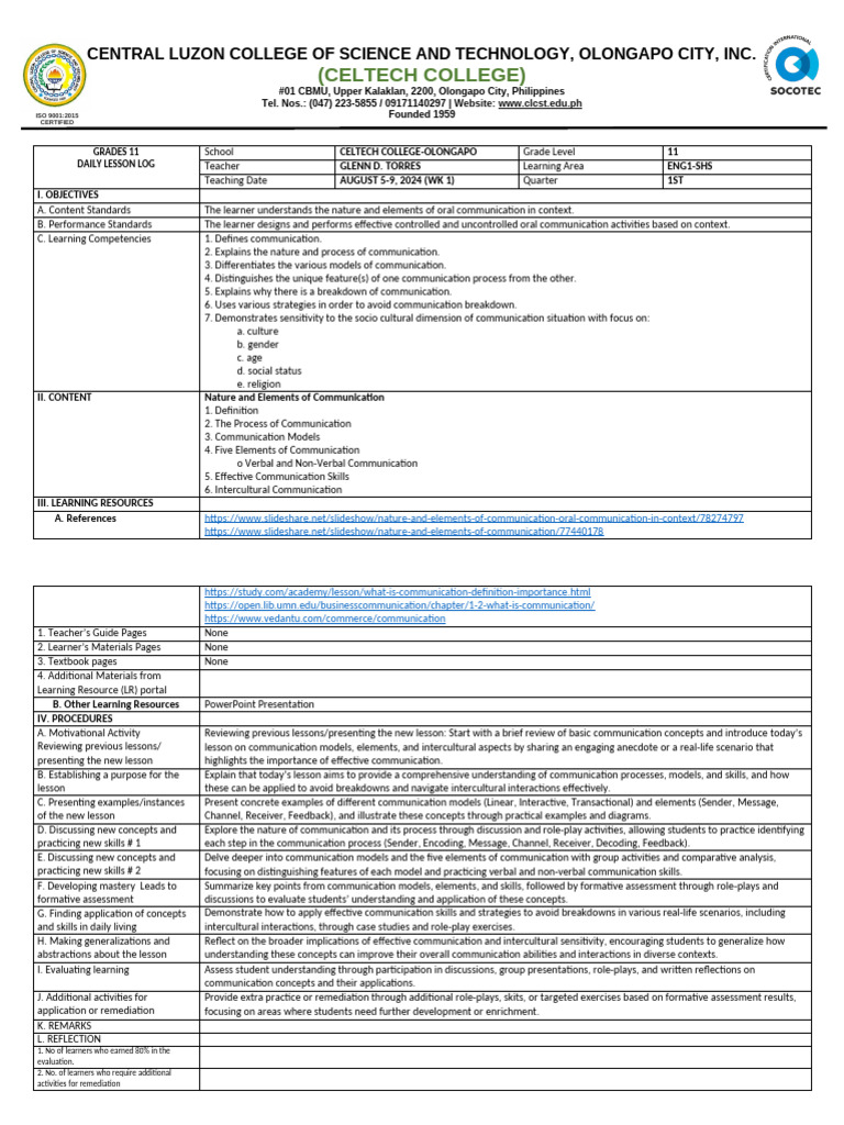 Dll-Eng1-Shs-Oral Communication - Glenn - D - Torres Week 1 | PDF | Communication | Learning