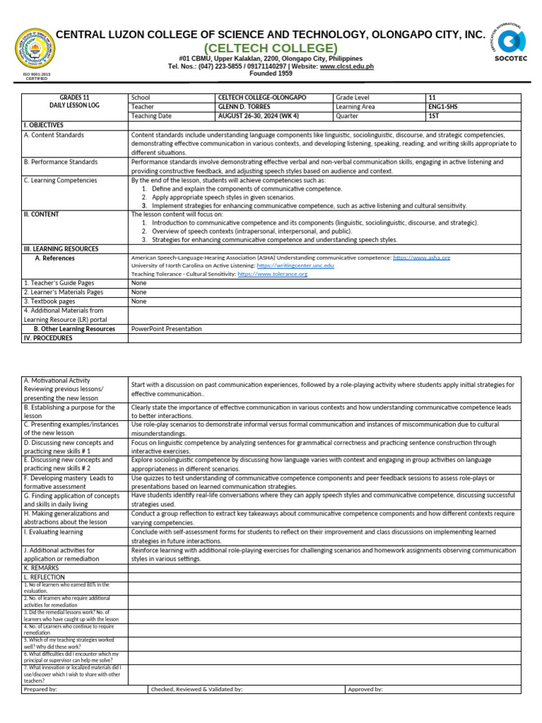 Dll-Eng1-Shs-Oral Communication - Glenn - D - Torres Week 4 | PDF | Communication | Learning