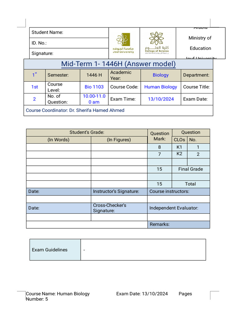 Mid1 1446H Answer Model(1) | PDF | Cell (Biology) | Cell Membrane