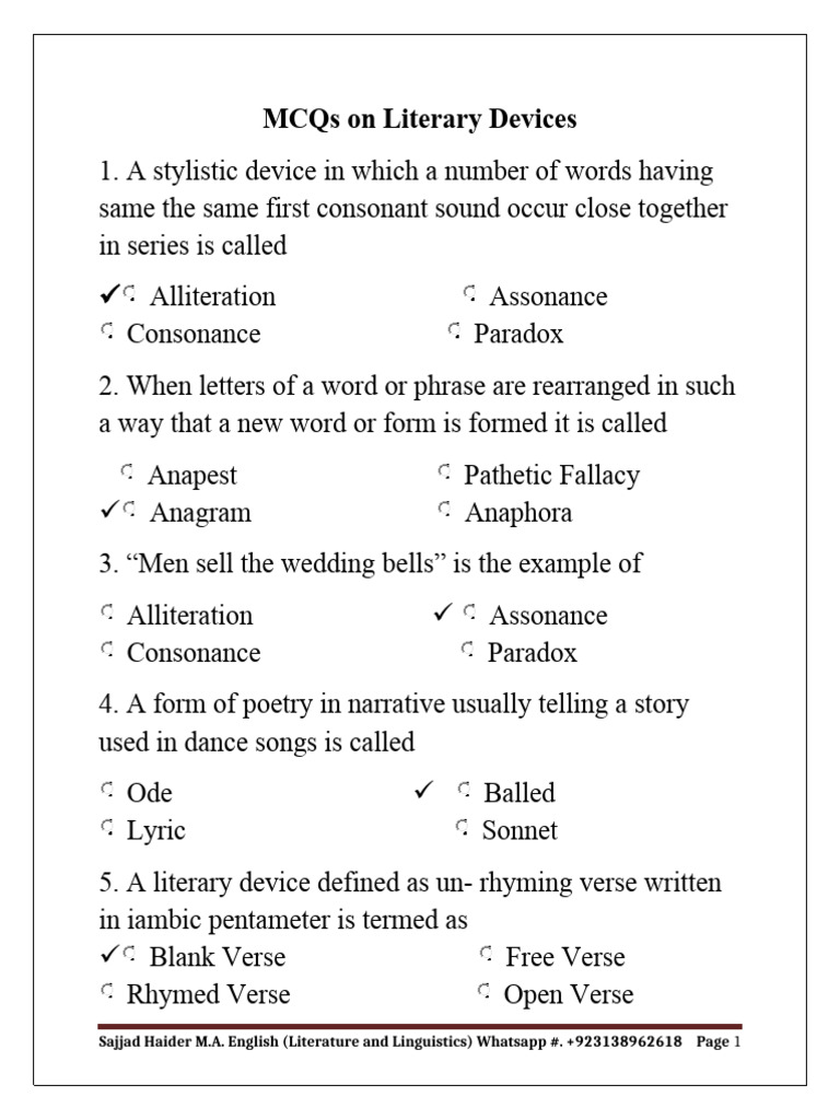 MCQs On Literary Devices 24 Page DR - Nibras Ahmed Files | PDF | Poetry | Metre (Poetry)