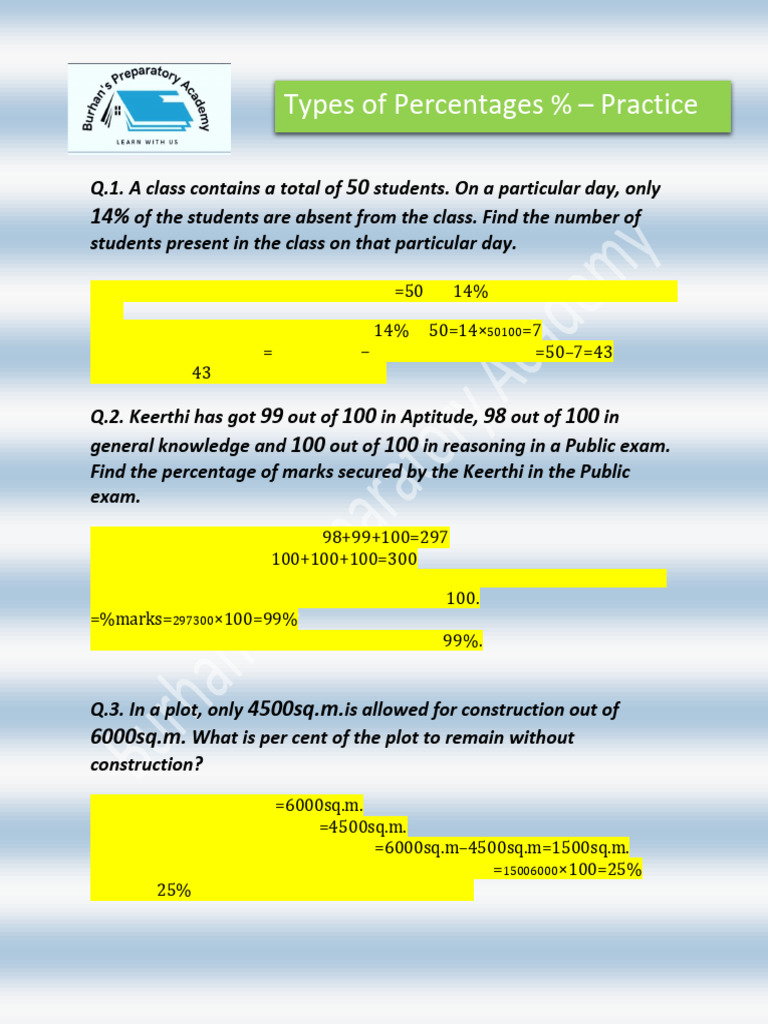 Types of Percentages Exercise With Answers | PDF