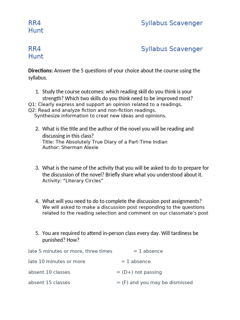 RR4 Syllabus Scavenger Hunt - ST | PDF | Academic Dishonesty