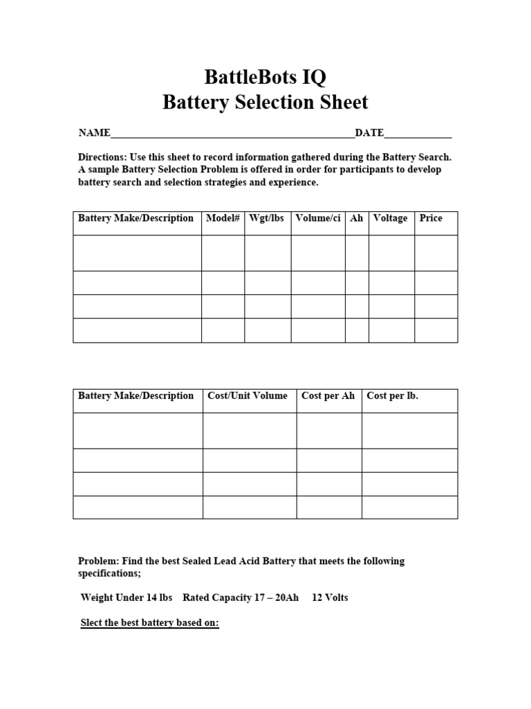 Battery Selection Work Sheet | PDF