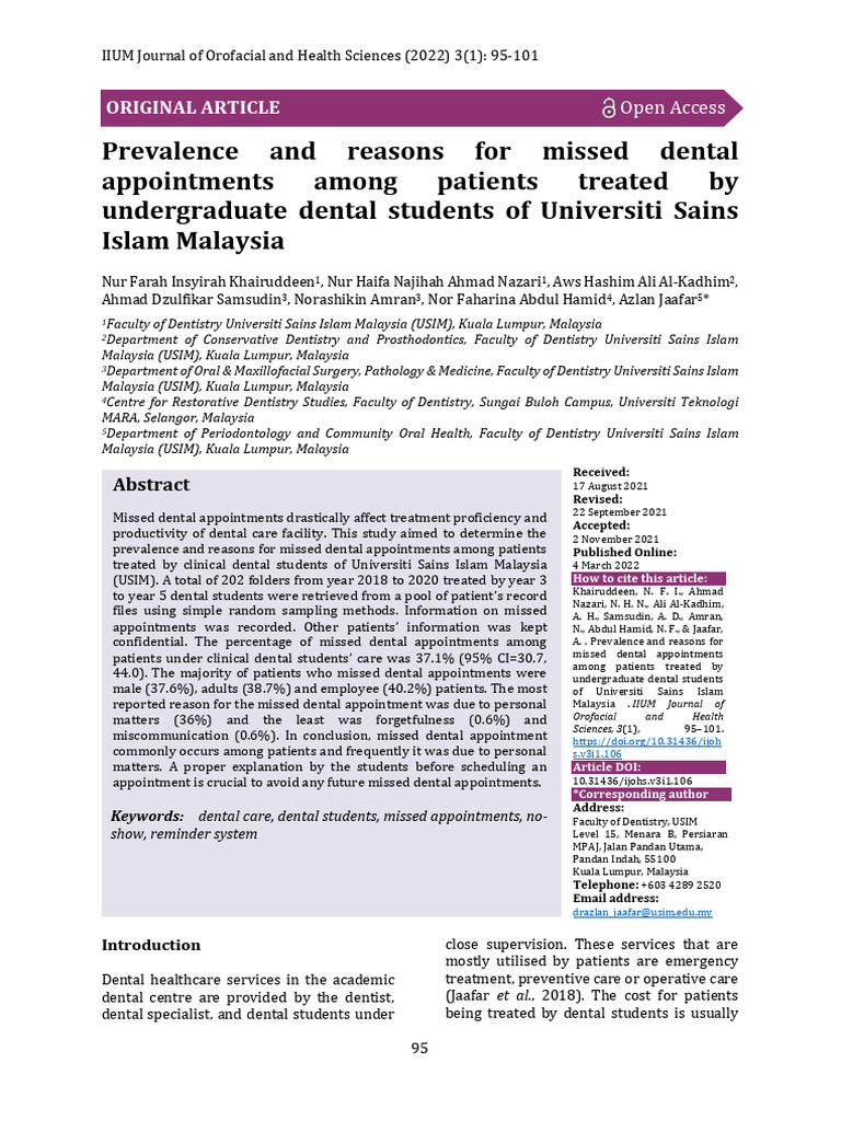 Khairudden2022 Prevalence and Reasons For Missed Dental Appointments Among Patients Treated by ...