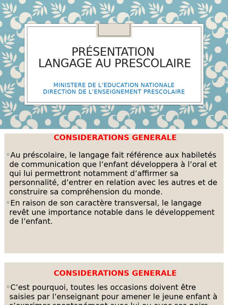 Langage au Préscolaire : Méthodes et Objectifs | PDF | la communication ...