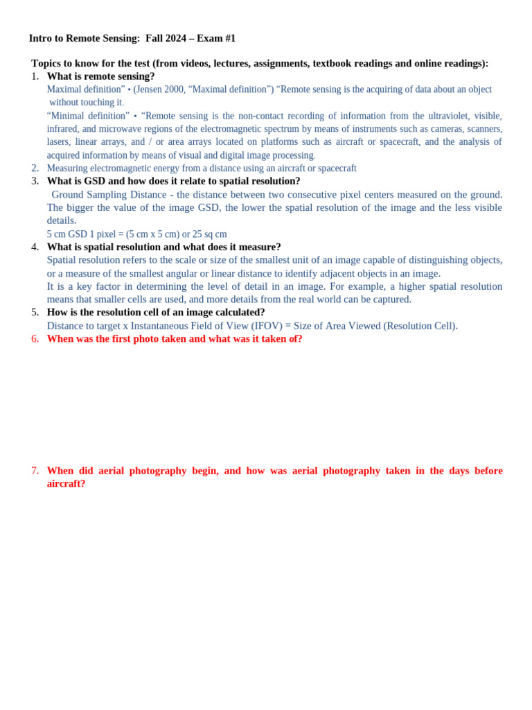 Exam1 Review Intro RS Fall 2024 | PDF | Stereoscopy | Reflection (Physics)