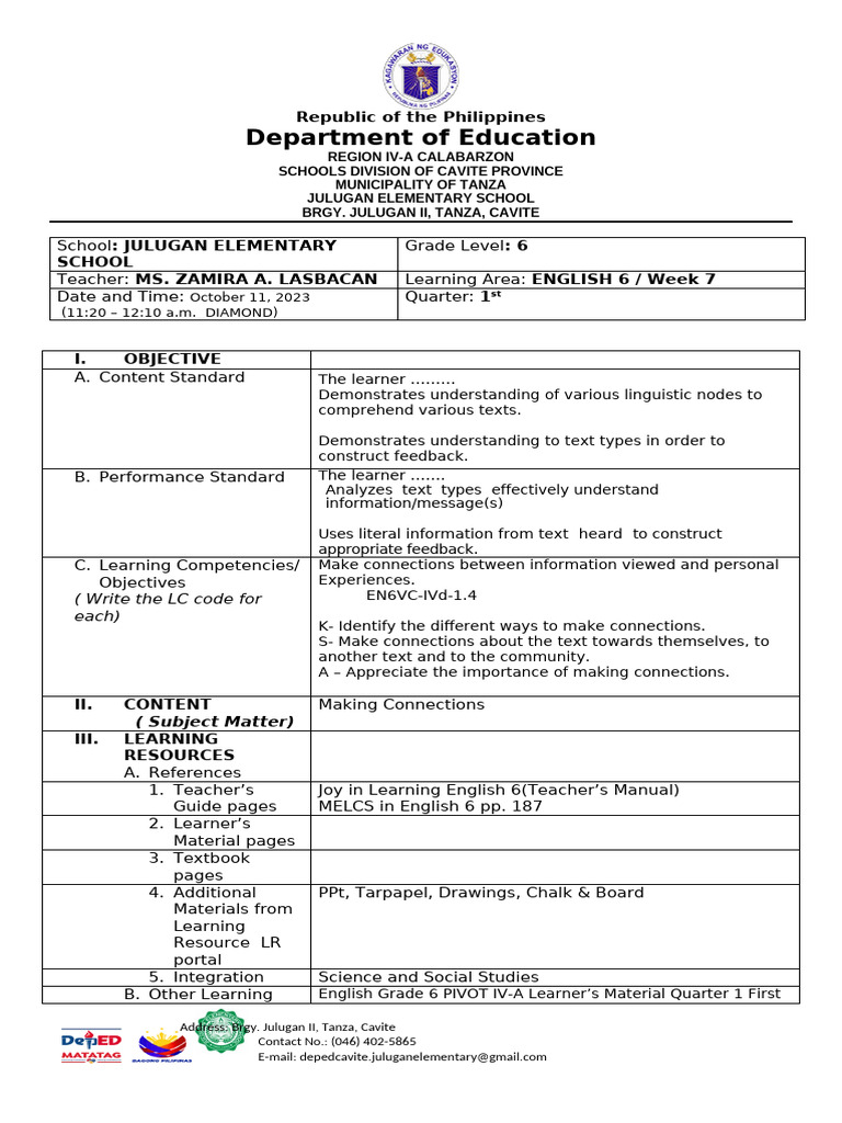 Kayam School App: English 6 Lesson Plan | PDF | Learning | Cognitive ...