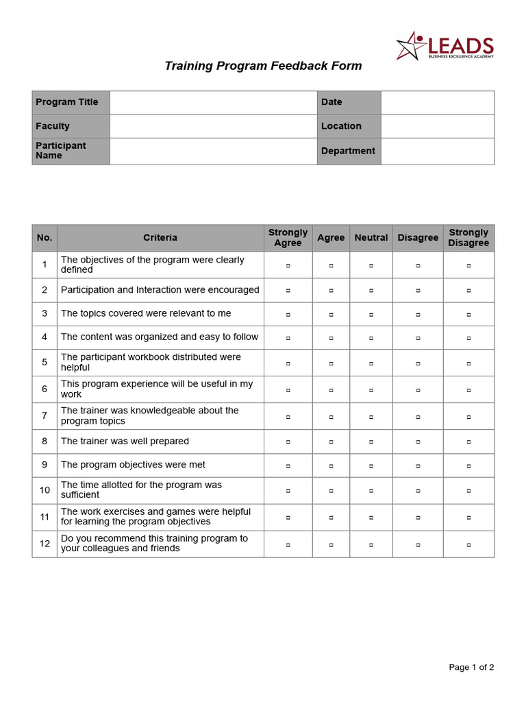 Training Program Feedback Form | PDF | Learning | Cognition