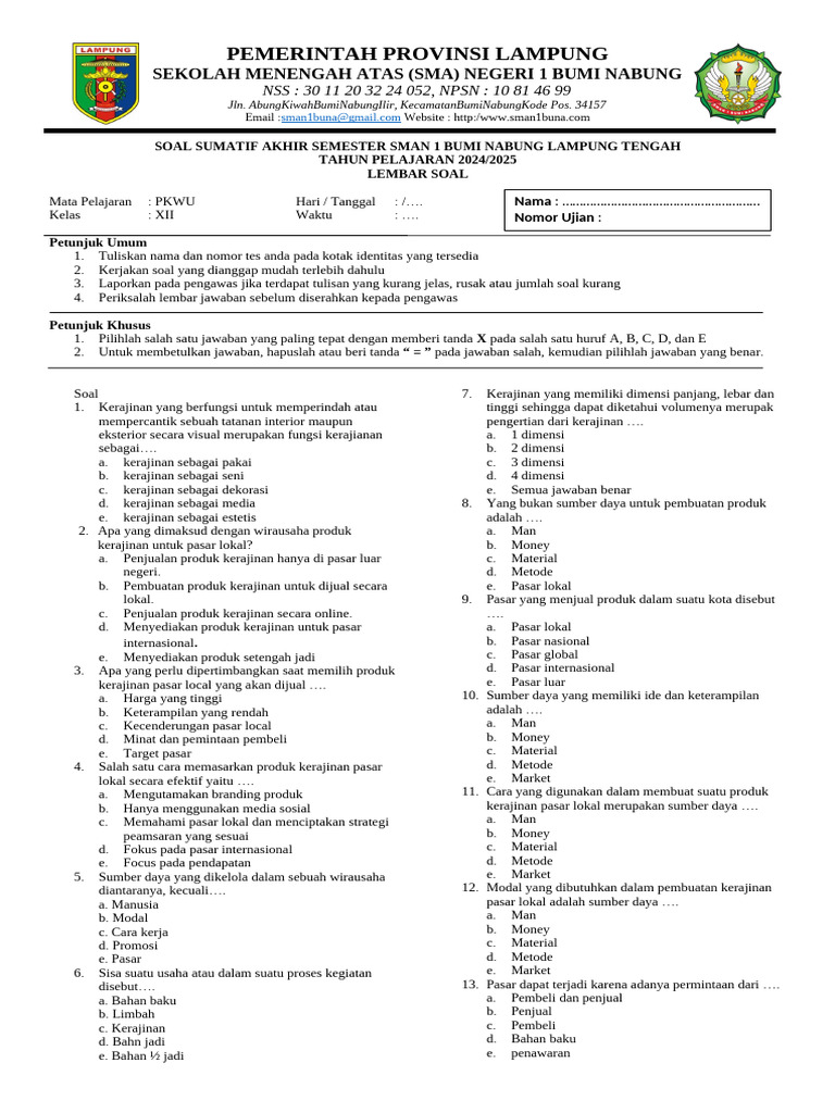 Soal PAS PKWU Kelas XII ganjil 2024 | PDF