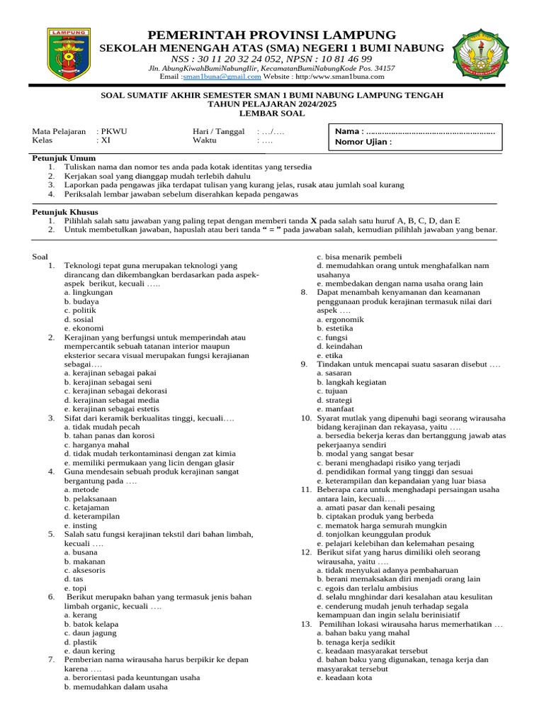 Soal PAS PKWU Kelas XI Ganjil 2024 | PDF
