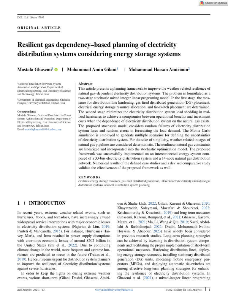 Risk Analysis - 2024 - Ghasemi - Resilient gas dependency based planning of electricity ...