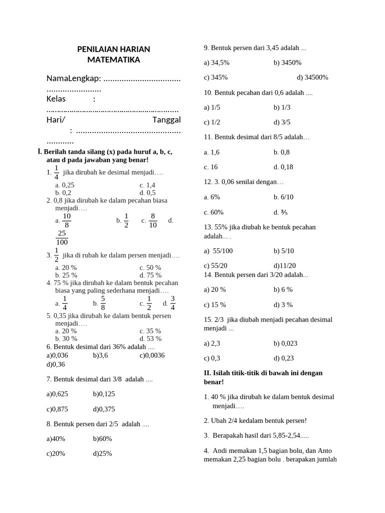 Soal Ulangan Matematika Desimal Persen Pecahan | PDF