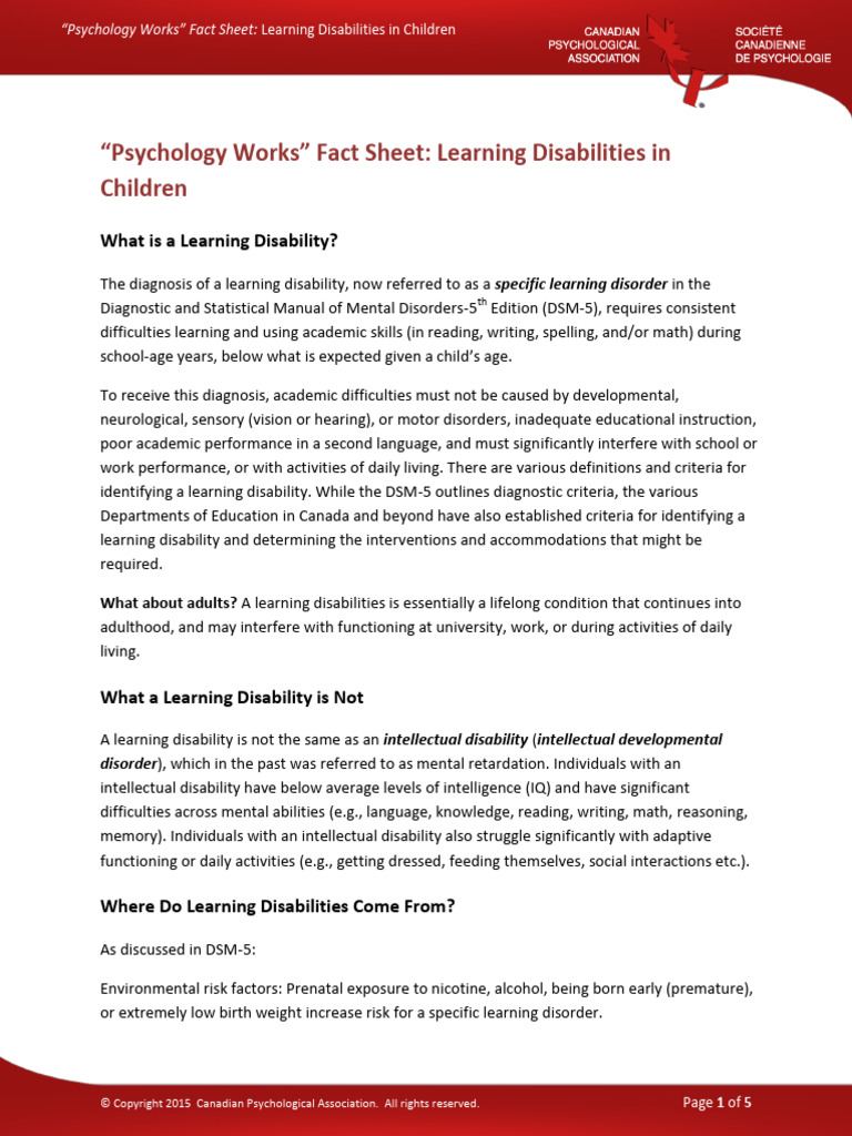 "Psychology Works" Fact Sheet: Learning Disabilities in Children | PDF ...
