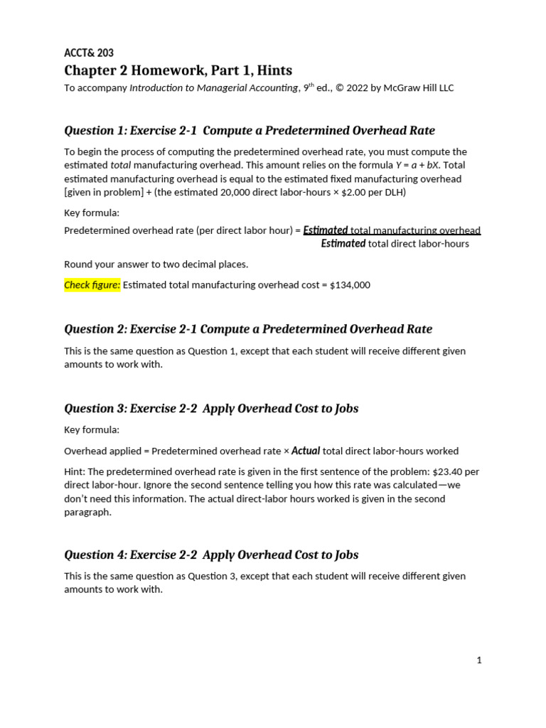 Chap 2 Homework-Part 1 Hints 9e | PDF | Management Accounting ...