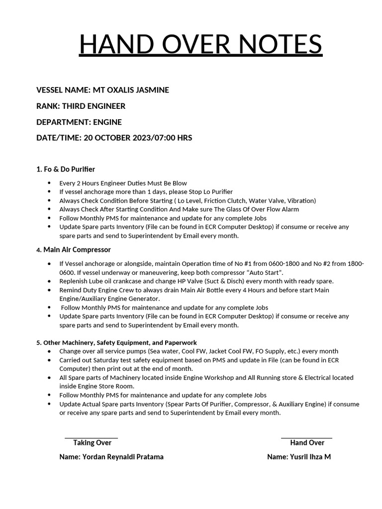 Hand Over Notes Yusril | PDF