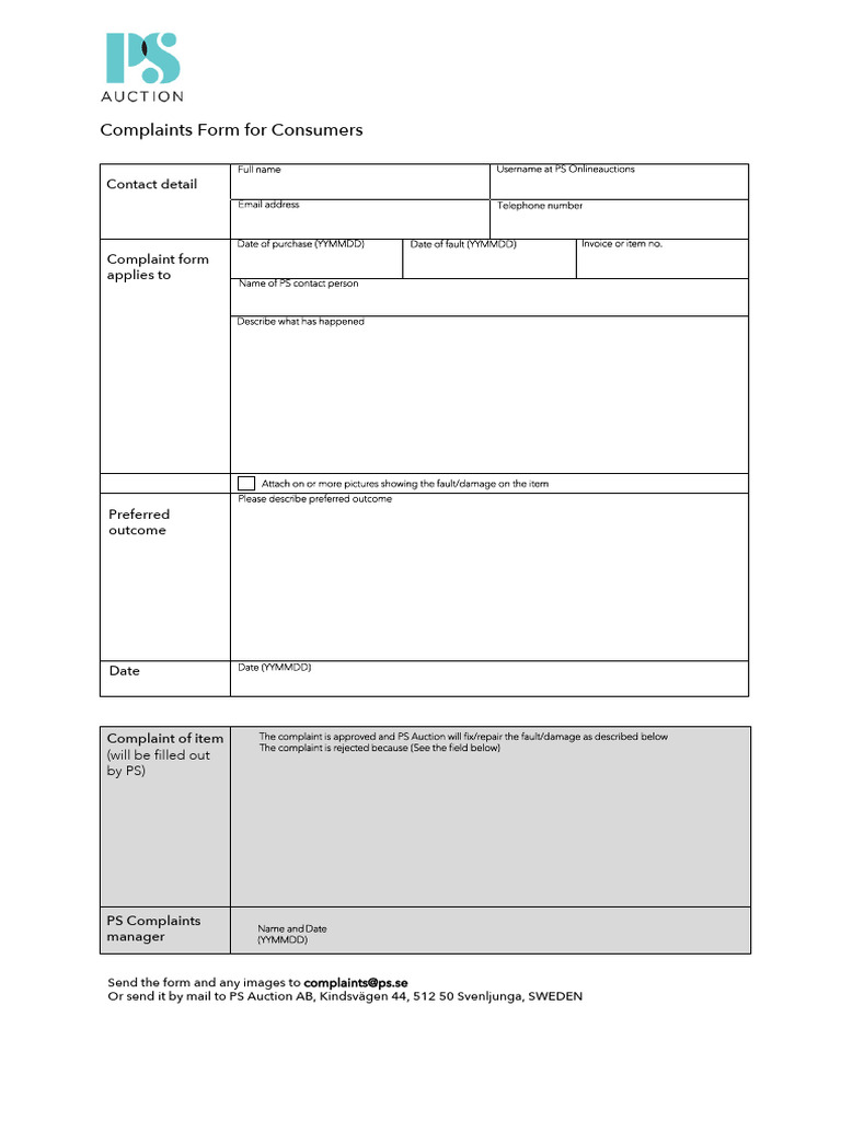 PS Auction Consumer Complaint Form | PDF
