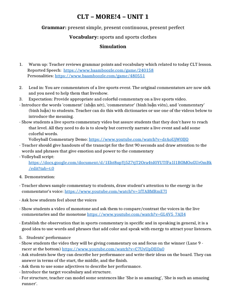 CLT Lesson Plan - More!4 - Unit 1 | PDF | Vocabulary | Syntax