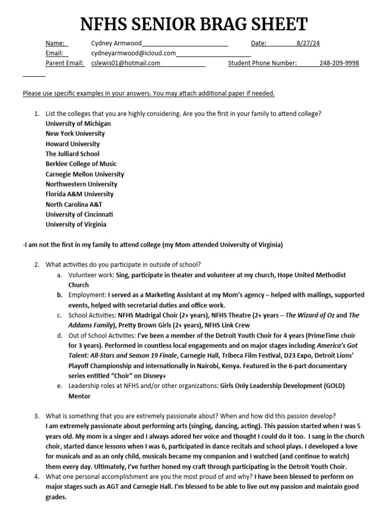 Cydney Armwood~ Senior and Parent Brag Sheet 2024 | PDF | Learning ...