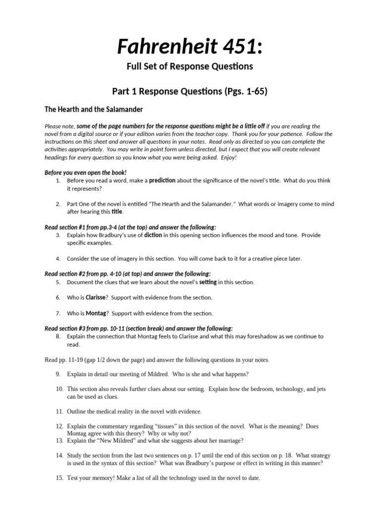 Fahrenheit 451 Response Questions Set | PDF