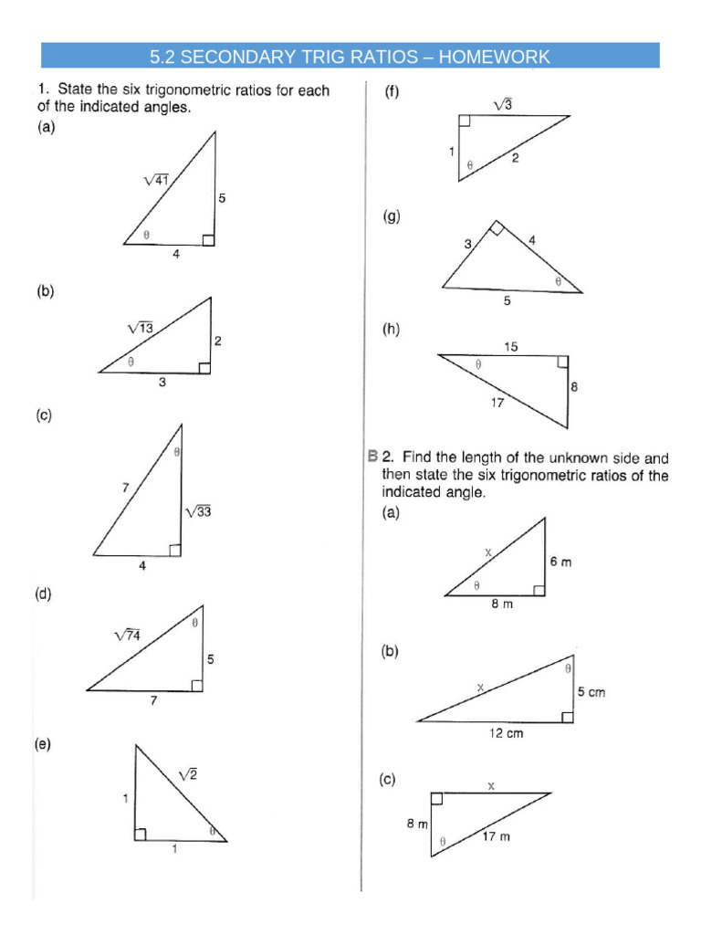 5.2 Secondary Trig Ratios Homework | PDF