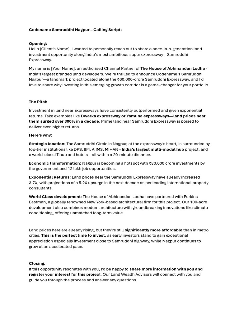Calling Script - Codename 1 Samruddhi Nagpur | PDF