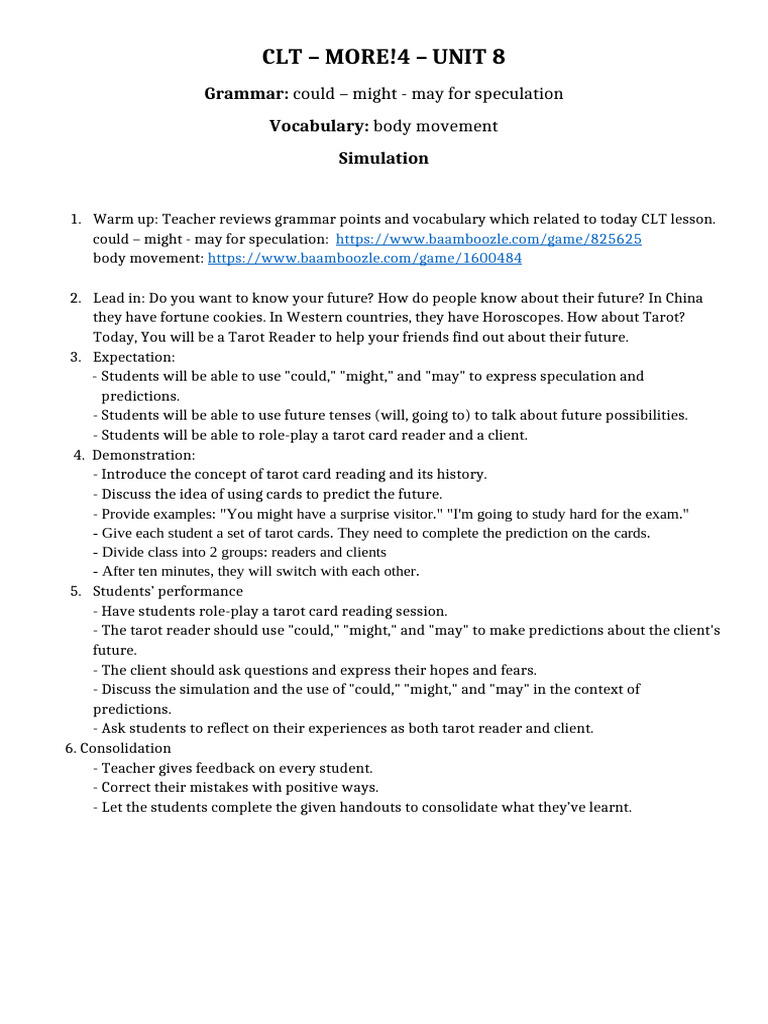 CLT Lesson Plan - More!4 - Unit 8 | PDF